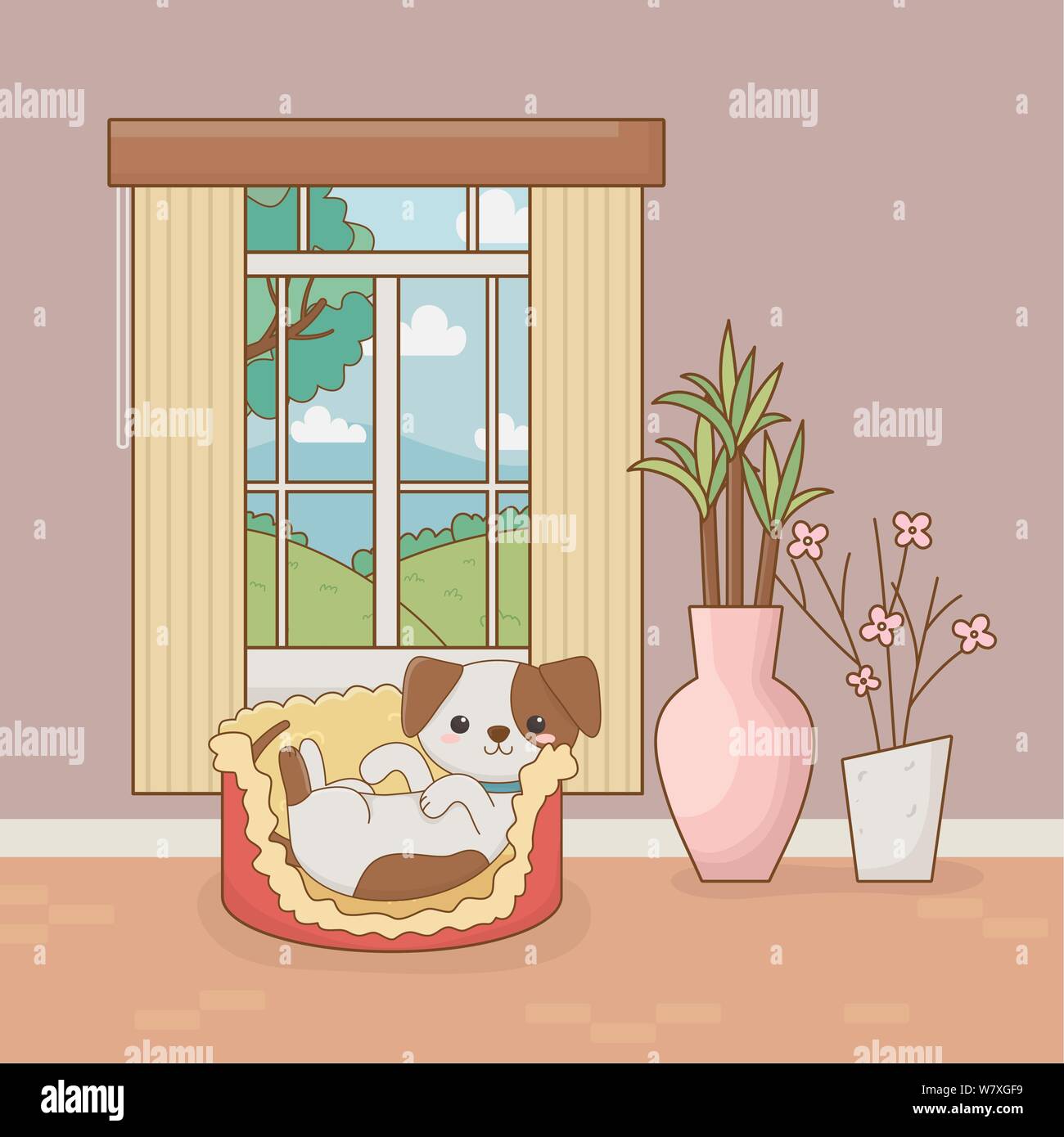little dog mascot in the house room vector illustration design Stock ...