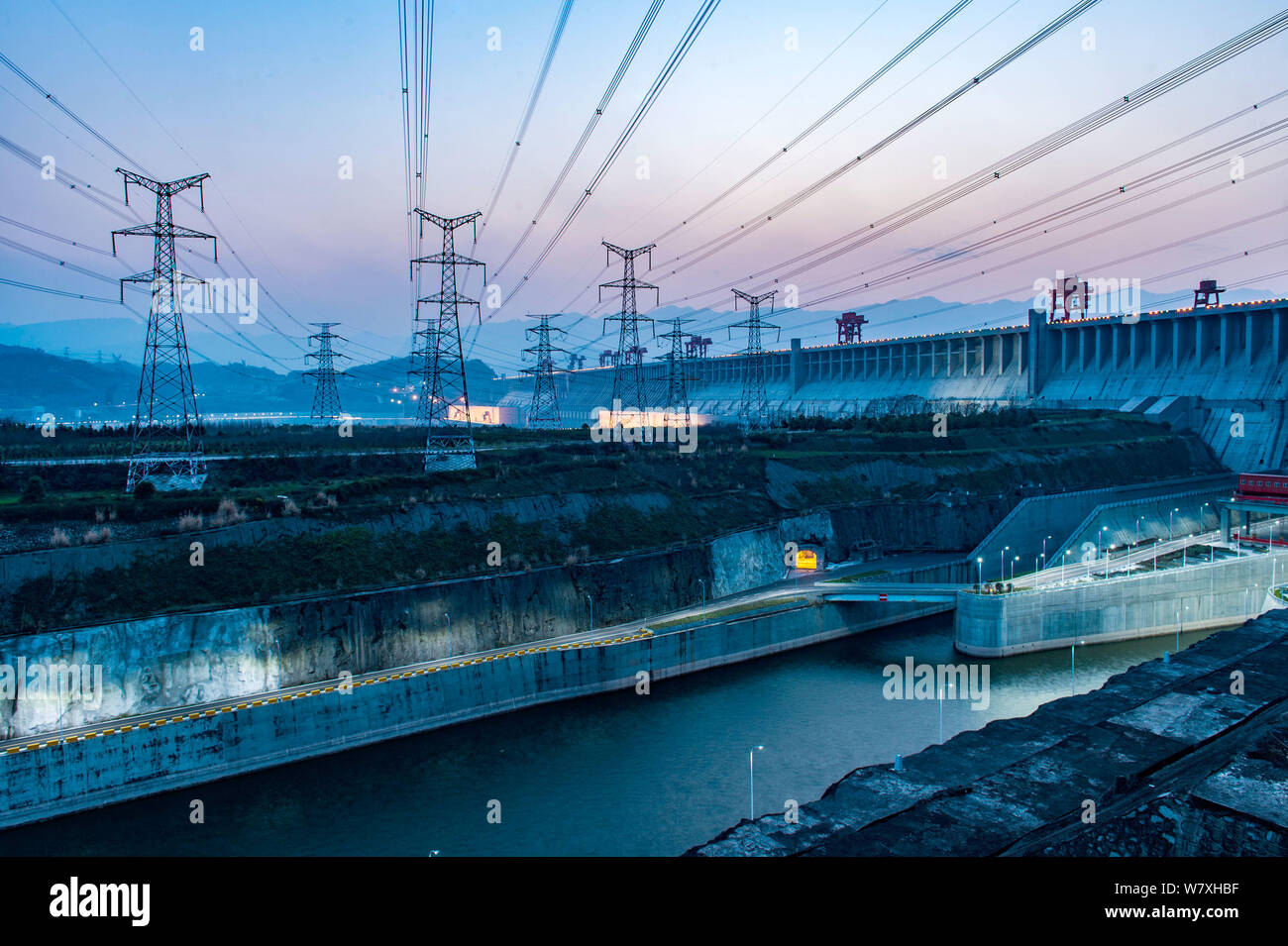 Power lines transmit electricity generated by the Three Gorges ...