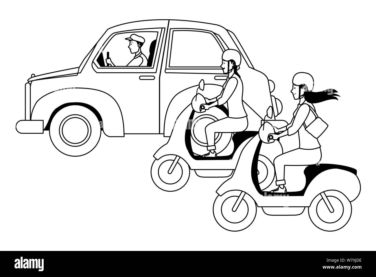 Vehicles and motorcycles with drivers riding in black and white Stock ...