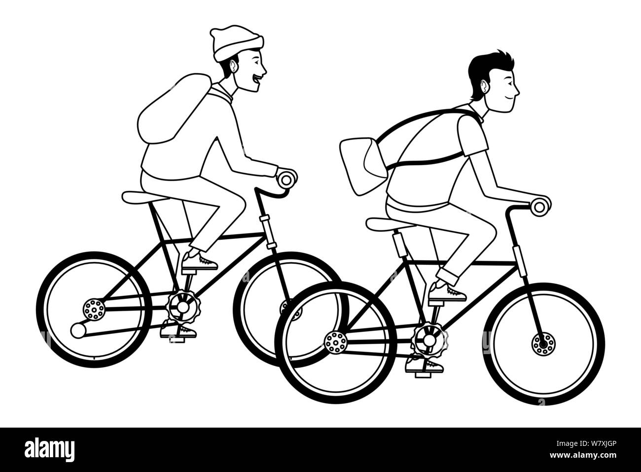 Young people riding bicycles cartoon in black and white Stock Vector ...
