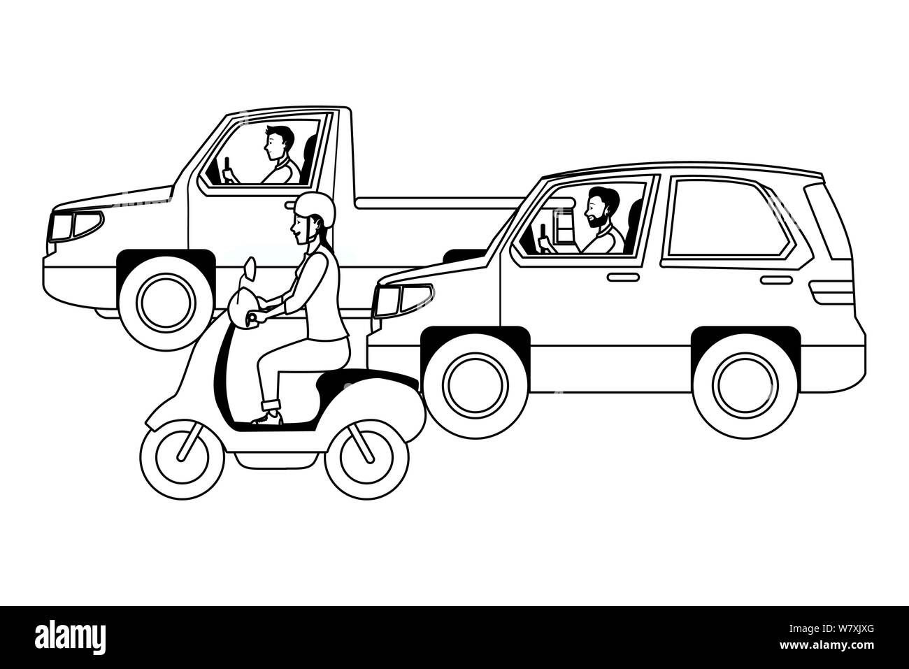 Vehicles and motorcycle with drivers riding in black and white Stock ...