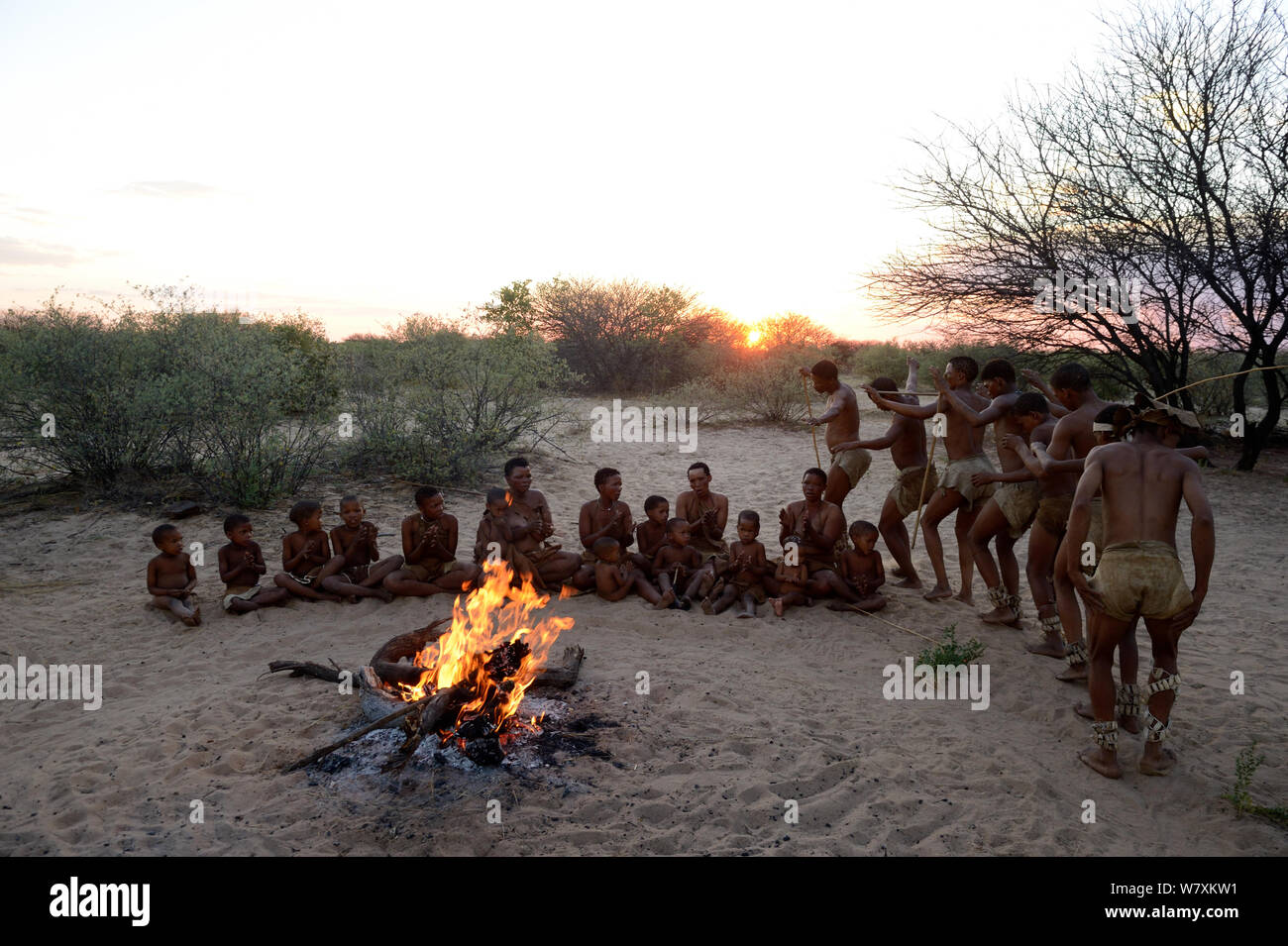 Naro San Bushmen family, men performing traditional dance and women ...