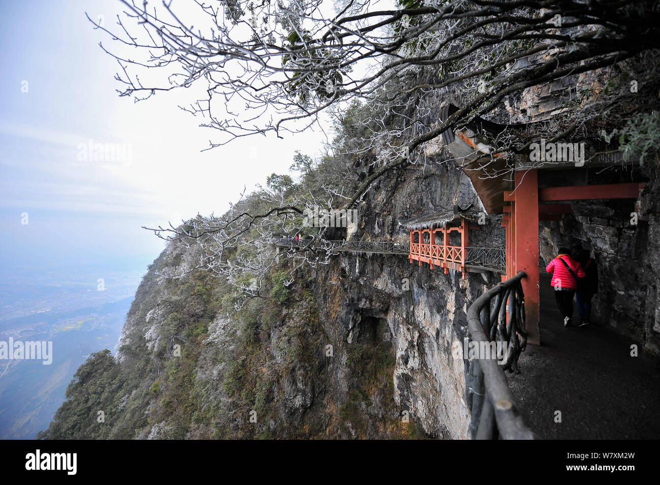 Landscape of rime-covered trees on Tianmen Mountain (or Tianmenshan ...