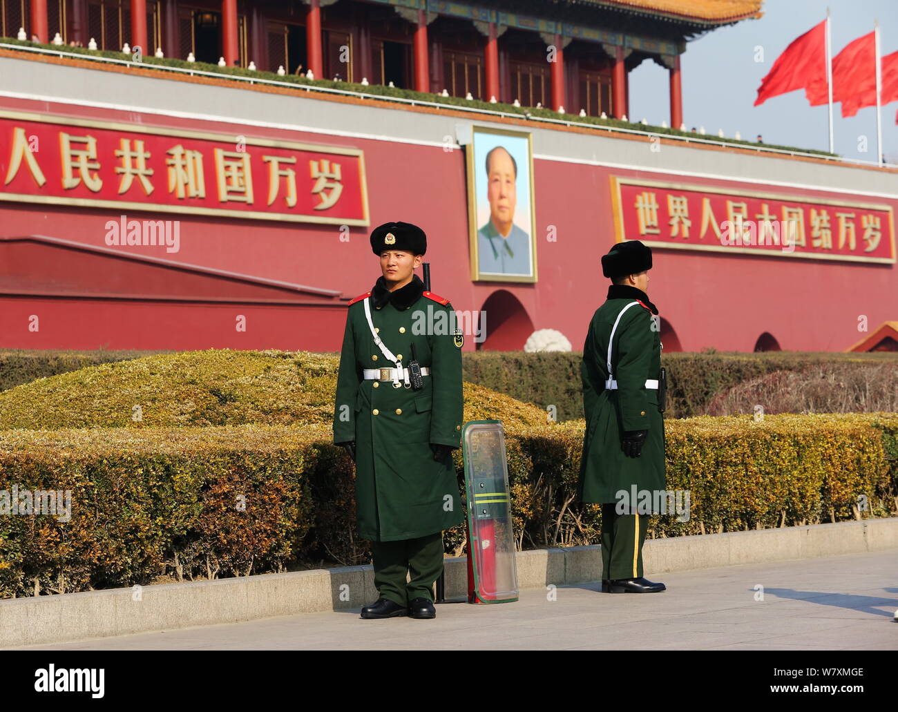 Chinese paramilitary policemen stand guard in front of the Tian'anmen ...