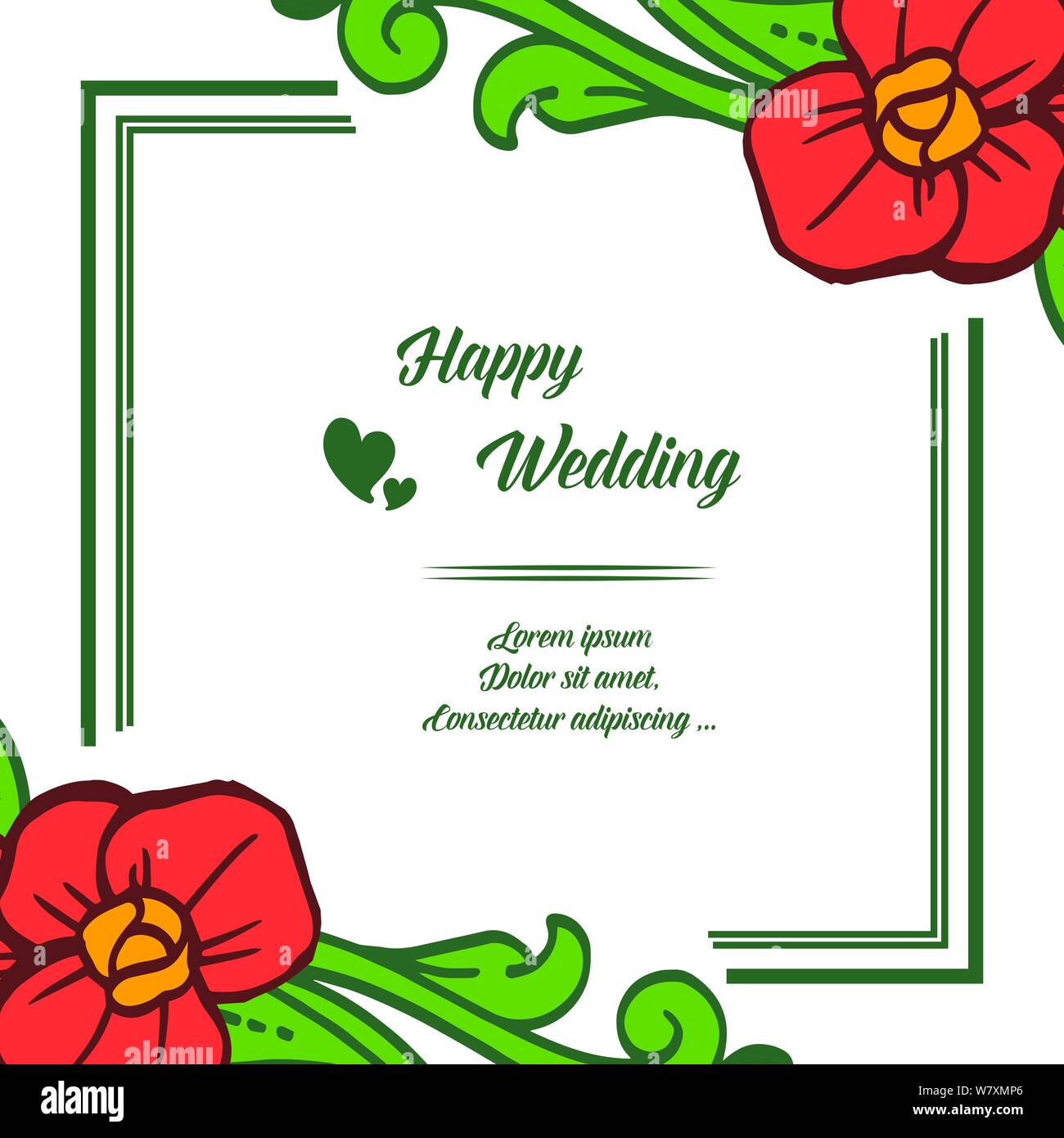 Decoration of frame, with branches leaf and beautiful red flowers ...