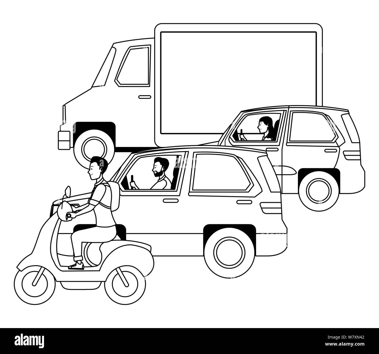 Vehicles and motorcycle with drivers riding in black and white Stock ...