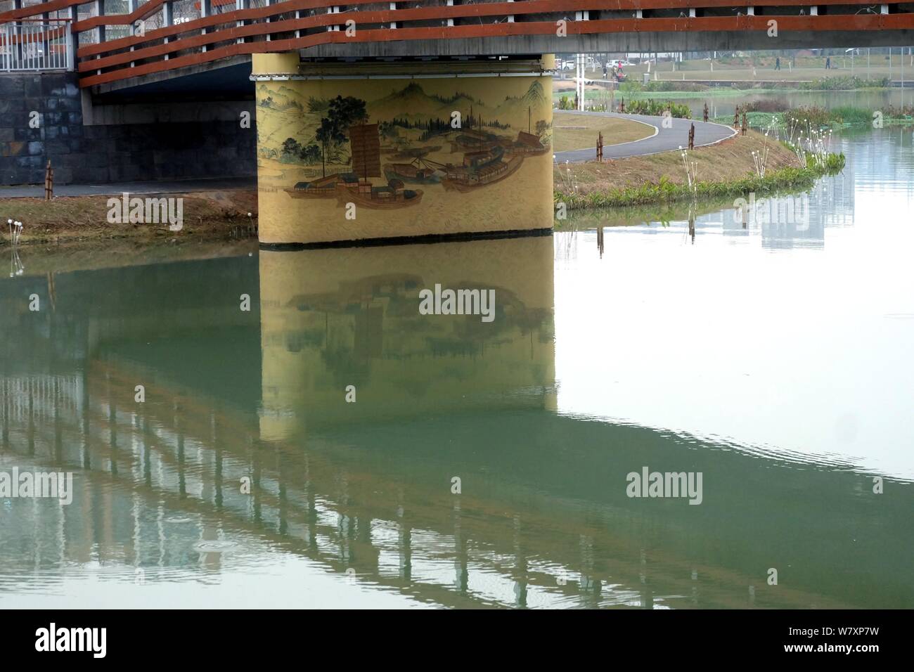 View of a painting on the pier of Chuanzi River bridge in Changde city ...