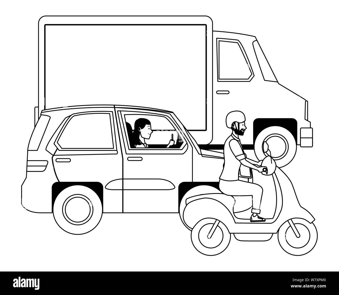 Vehicles and motorcycle with drivers riding in black and white Stock ...