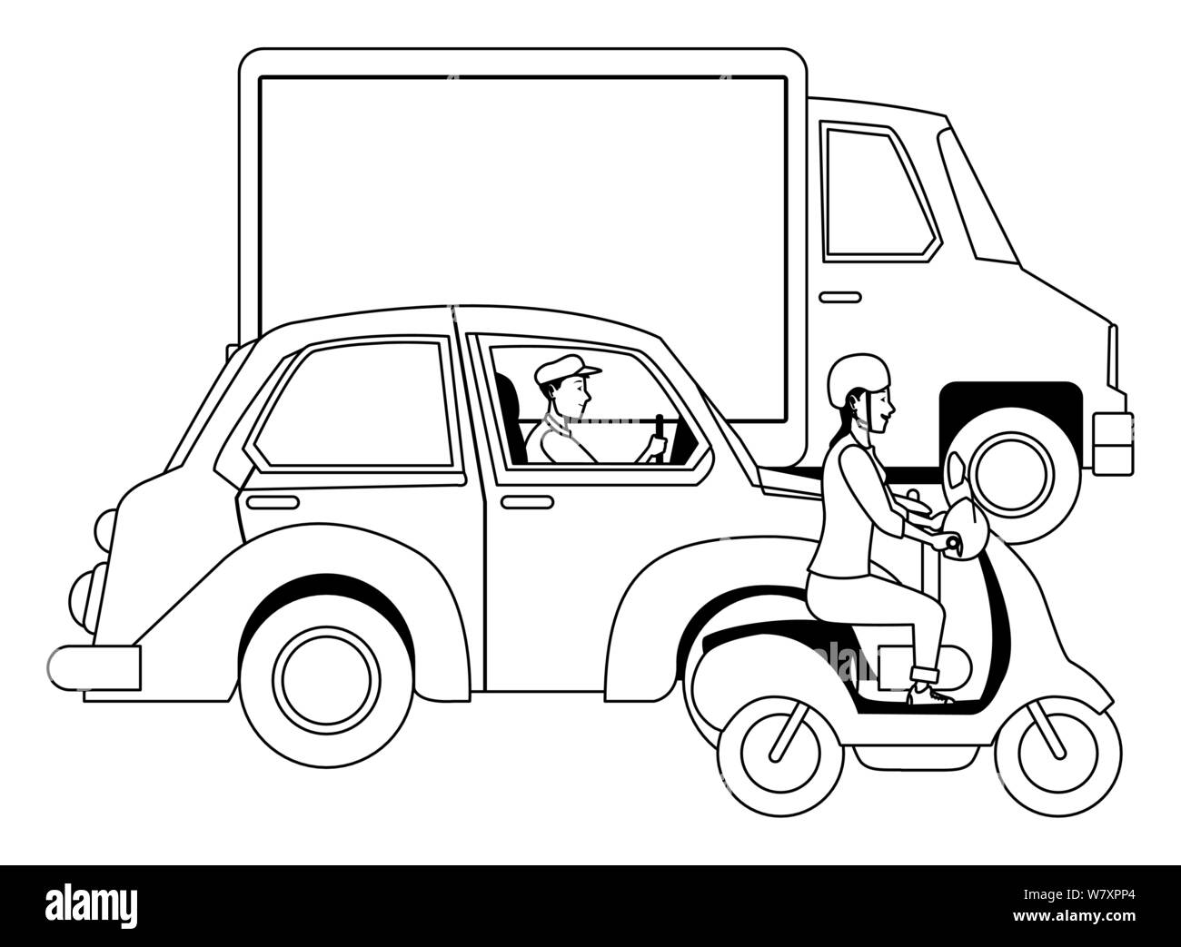 Vehicles and motorcycle with drivers riding in black and white Stock ...