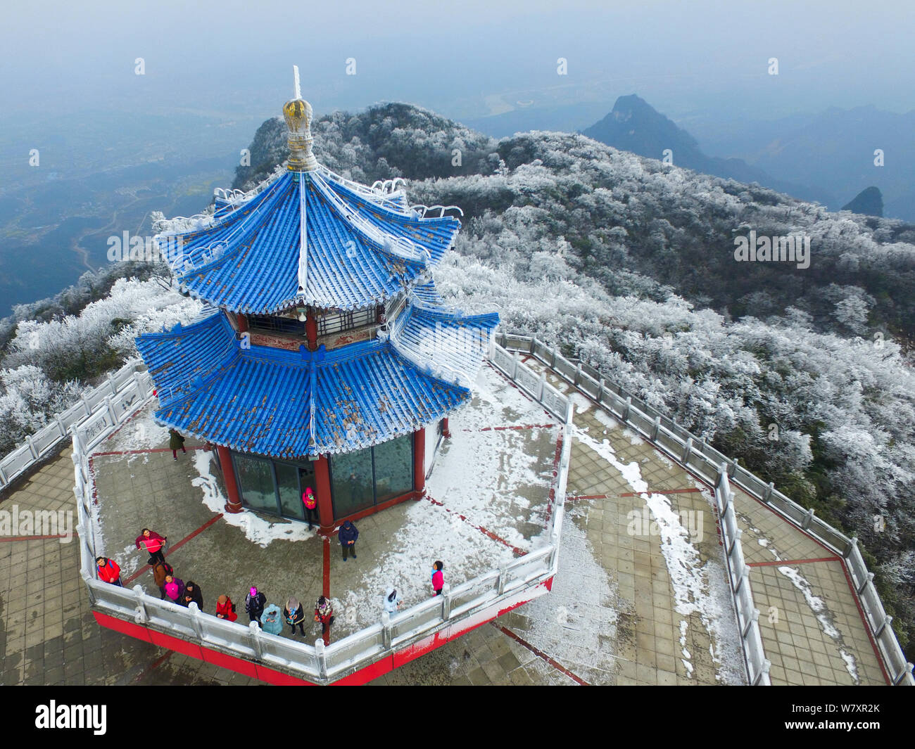 Aerial view of rime-covered trees on Tianmen Mountain (or Tianmenshan ...