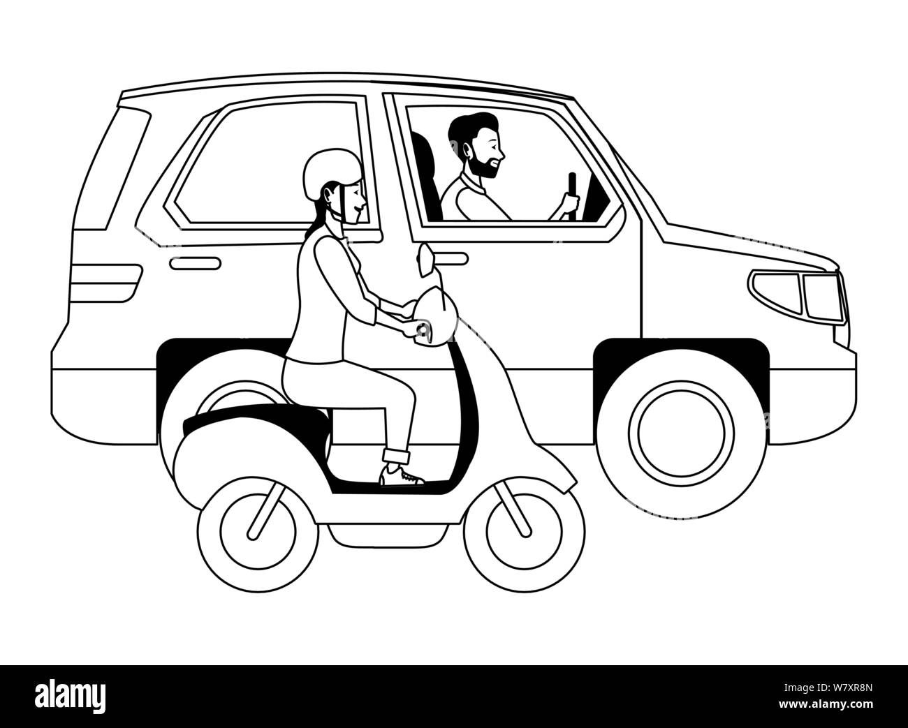 Vehicle and motorcycle with drivers riding in black and white Stock ...