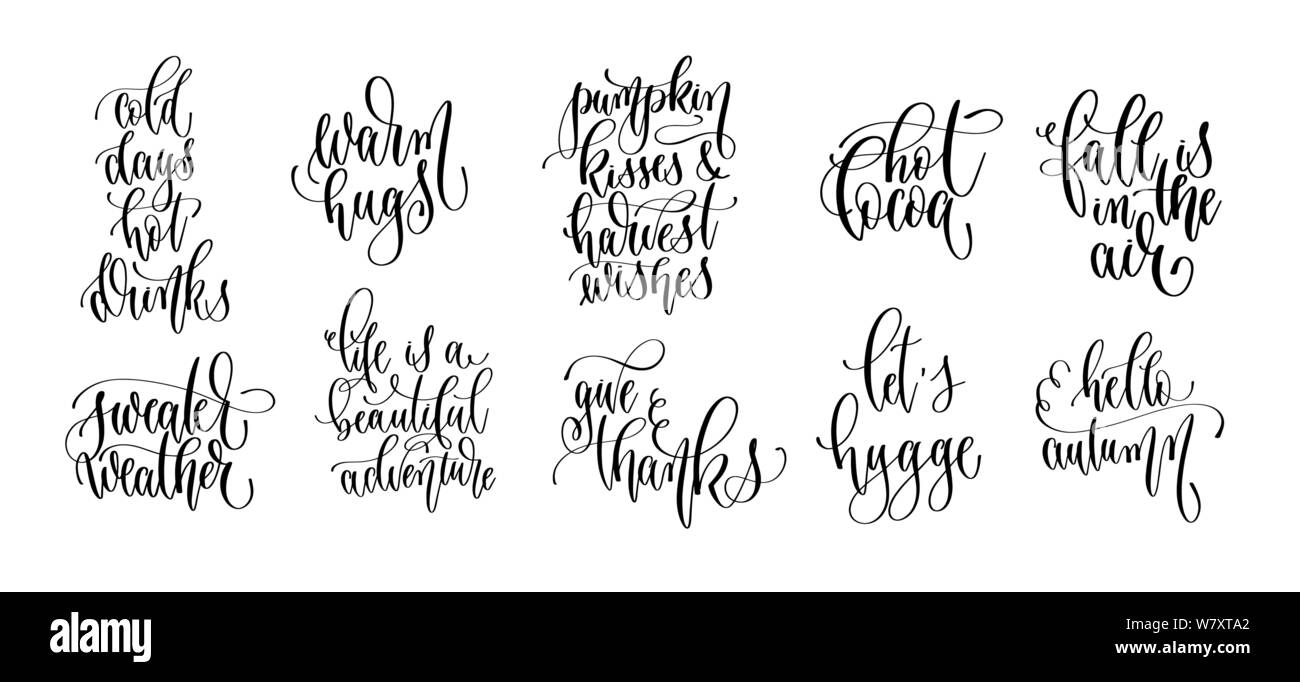 set of 10 autumn quotes, hand lettering inscription text, fall ...