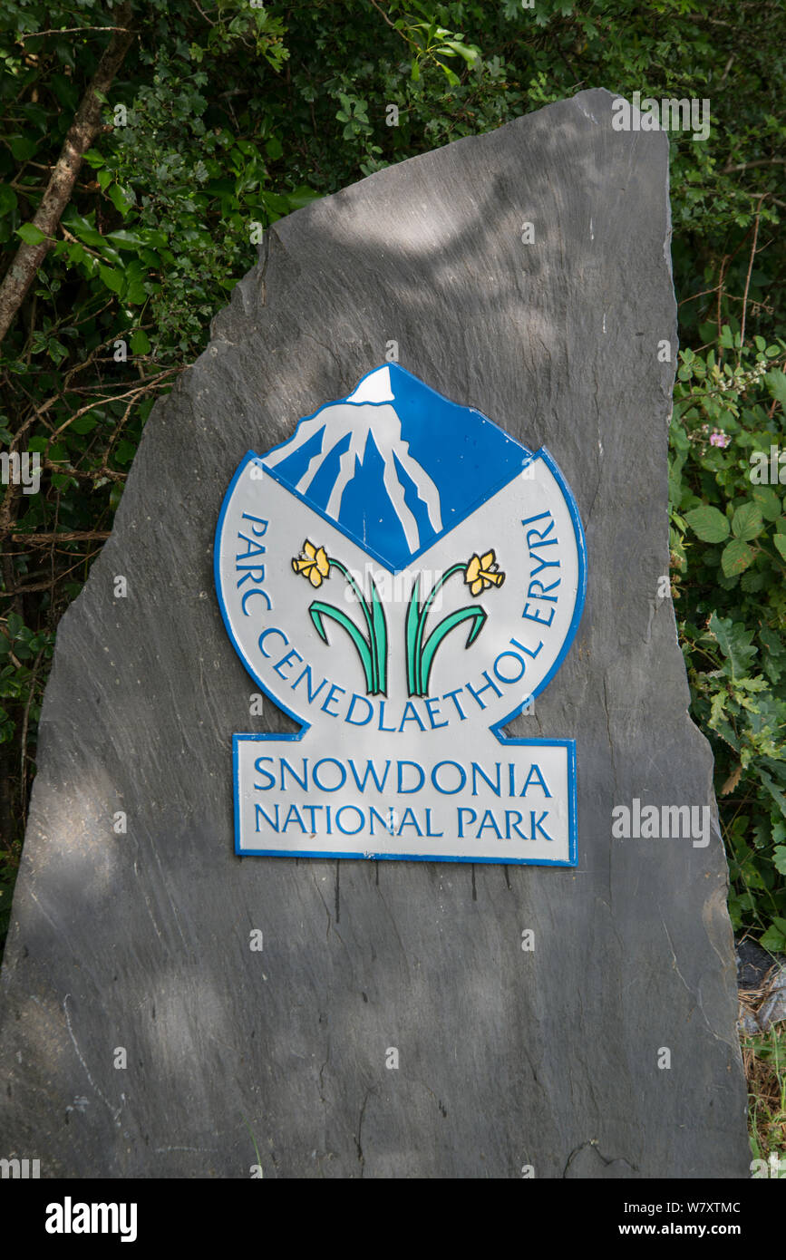 Snowdonia National Park sign, Snowdonia, north Wales, UK, July Stock ...