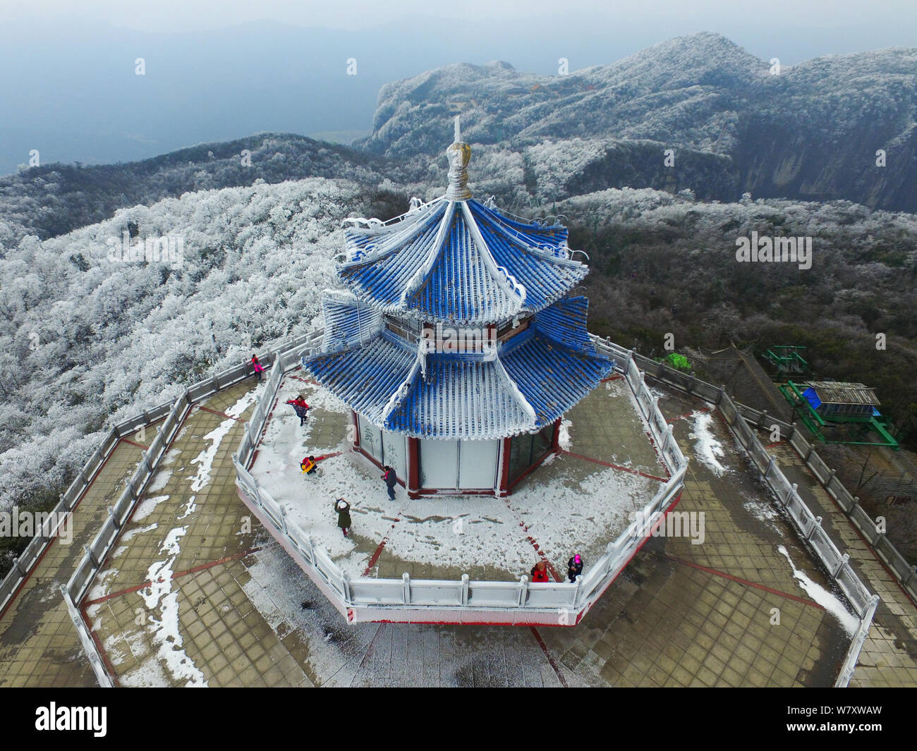 Aerial view of rime-covered trees on Tianmen Mountain (or Tianmenshan ...