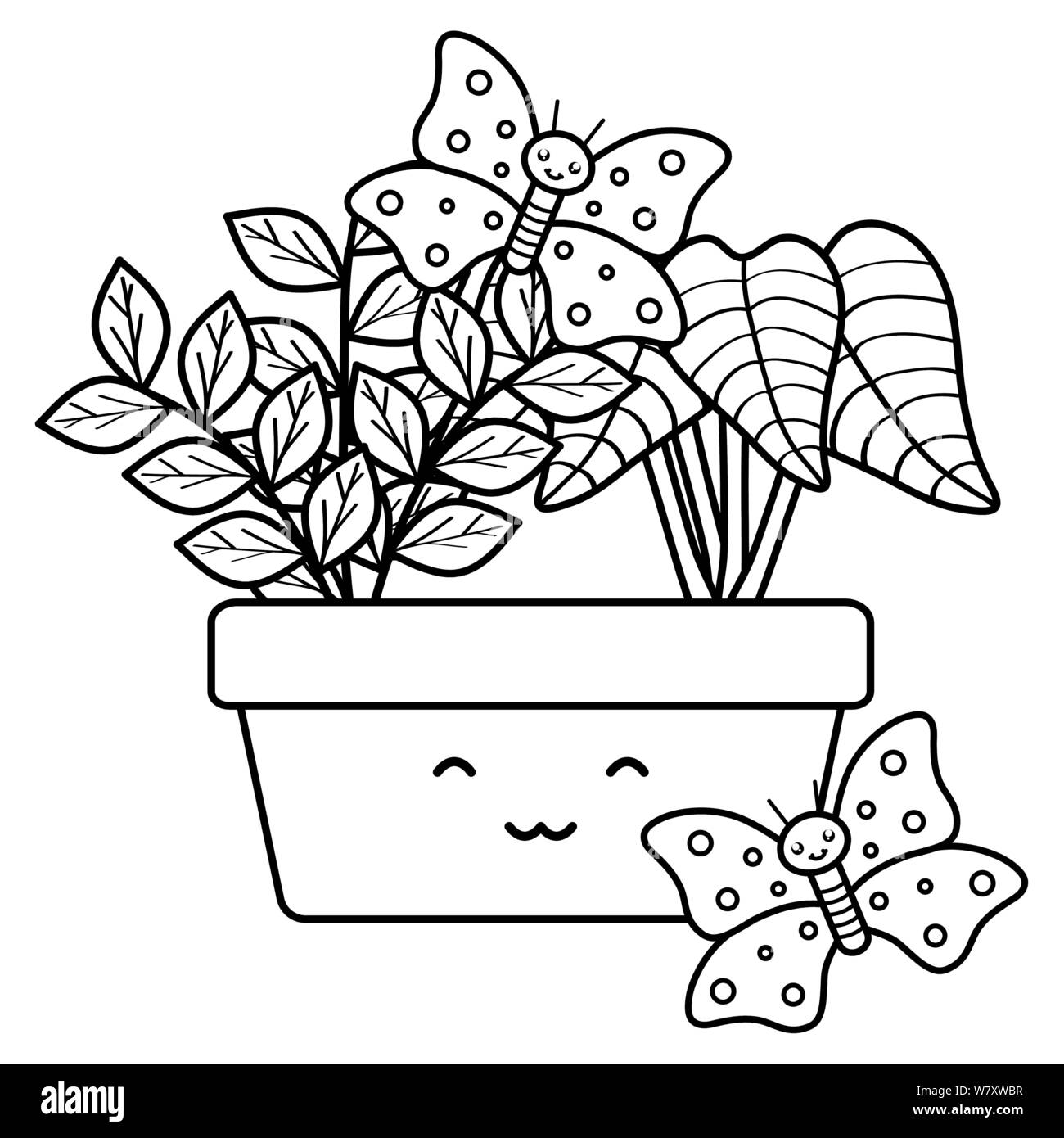 House Plant In Ceramic Pot With Butterflies Kawaii Style Vector
