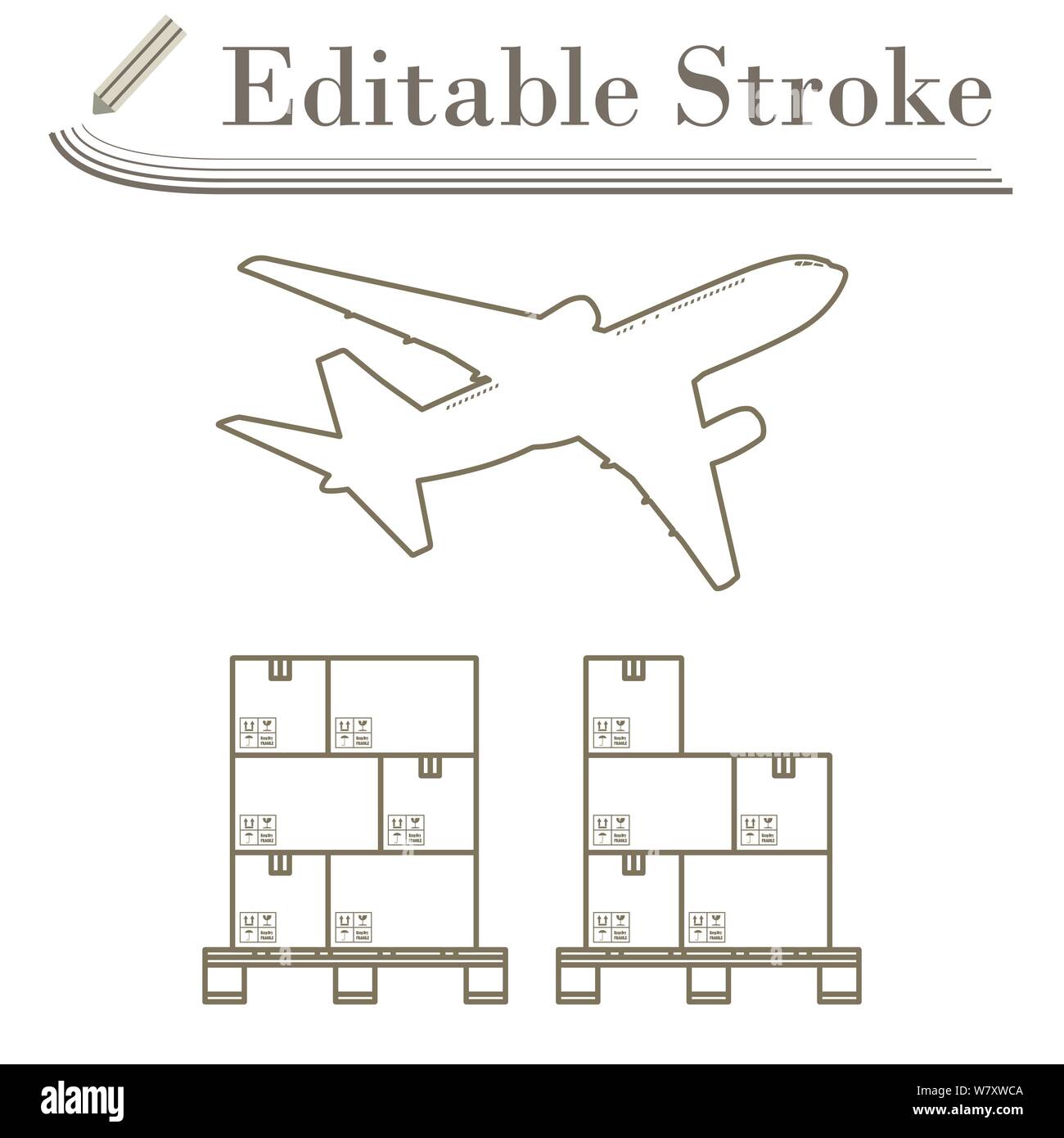 Boxes On Pallet Under Airplane. Editable Stroke Simple Design. Vector ...