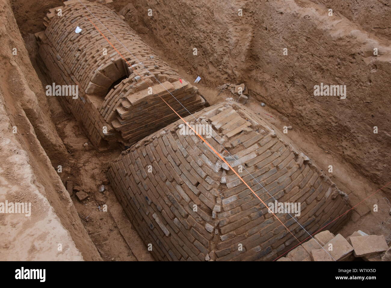 View of a tomb in the shape of a pyramid at the evacuation site of a ...
