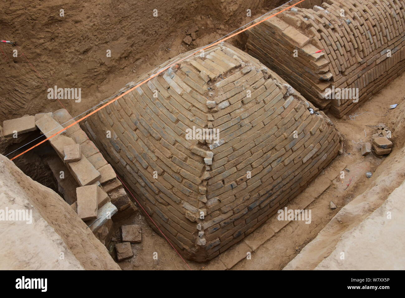 View of a tomb in the shape of a pyramid at the evacuation site of a ...