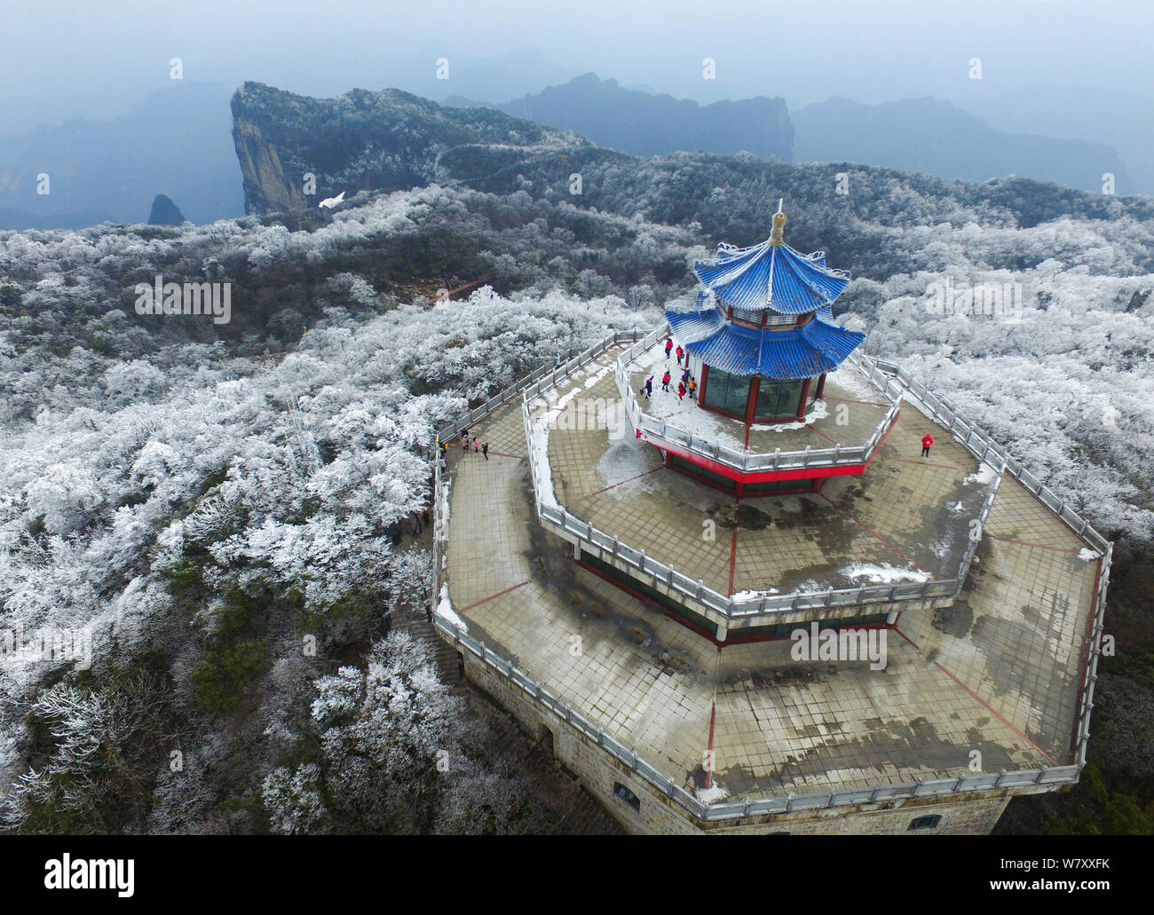 Aerial view of rime-covered trees on Tianmen Mountain (or Tianmenshan ...
