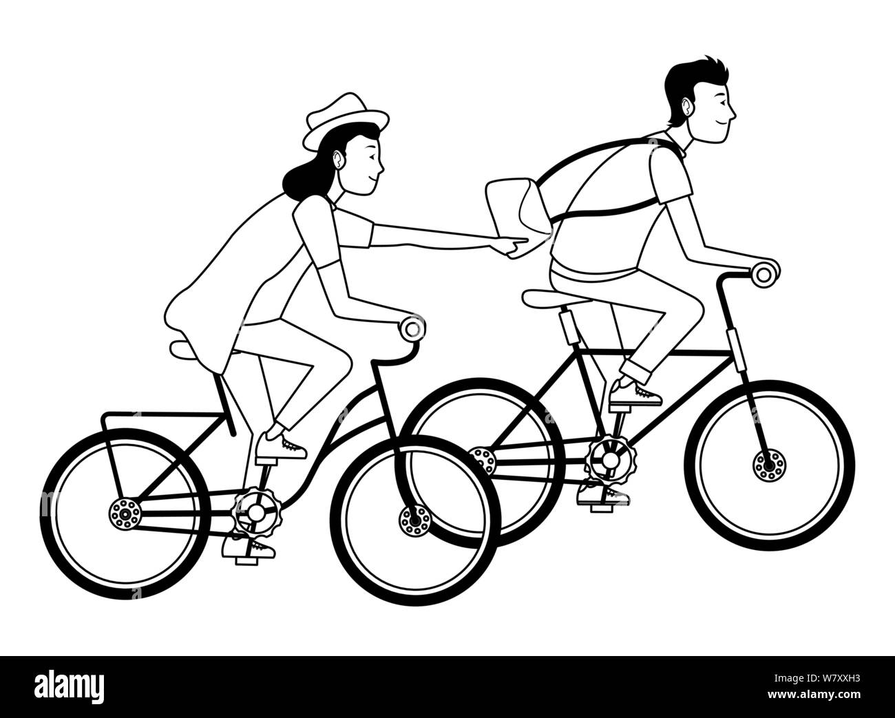 Young people riding bicycles cartoon in black and white Stock Vector ...