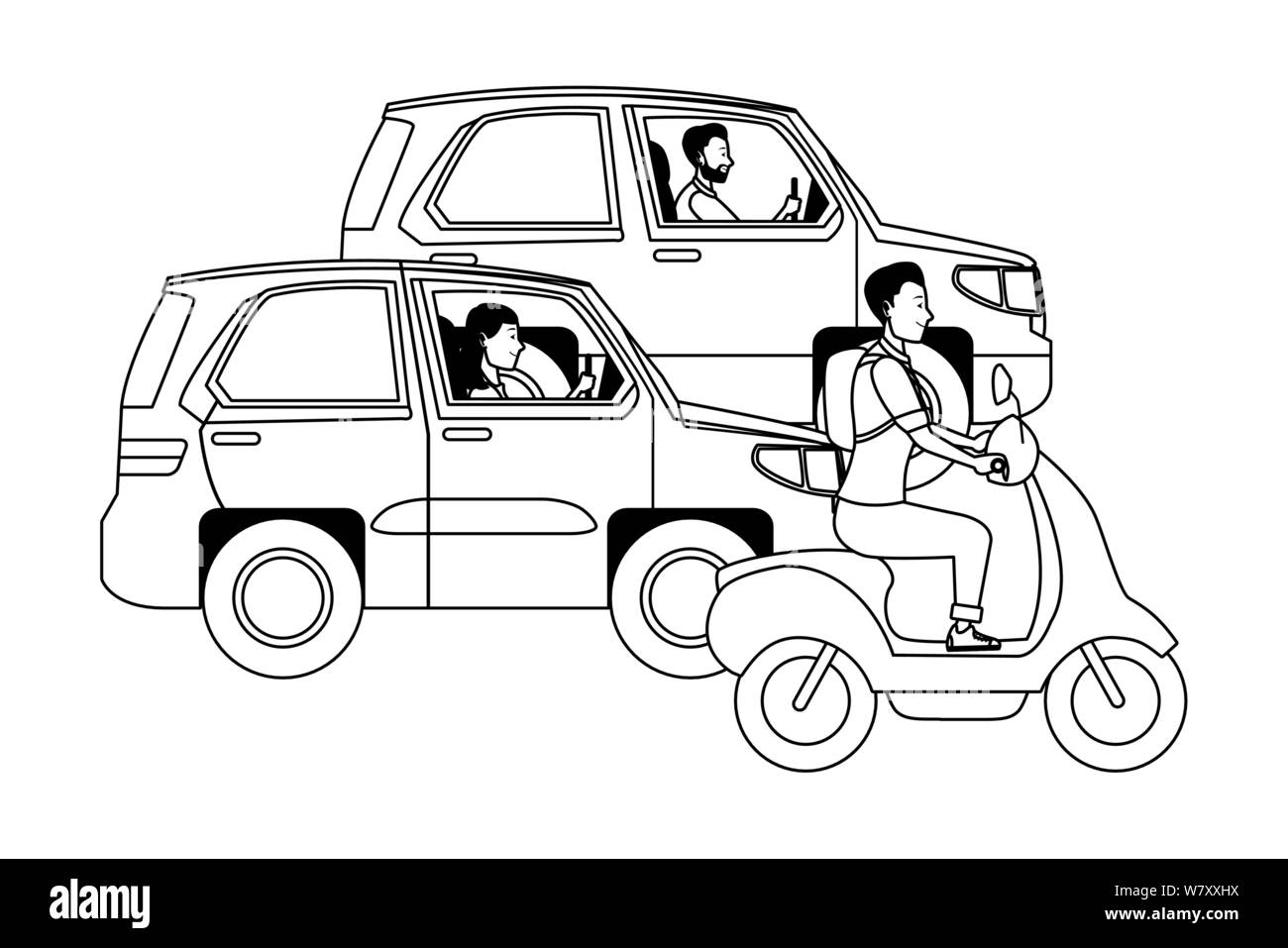 Vehicles and motorcycle with drivers riding in black and white Stock ...