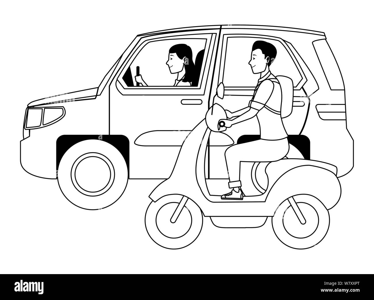 Vehicle and motorcycle with drivers riding in black and white Stock ...
