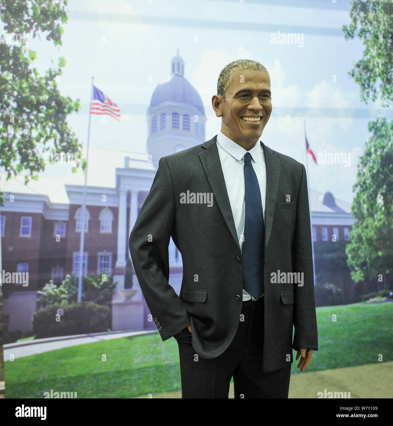 A wax figure of former American President Barack Obama is on display at ...