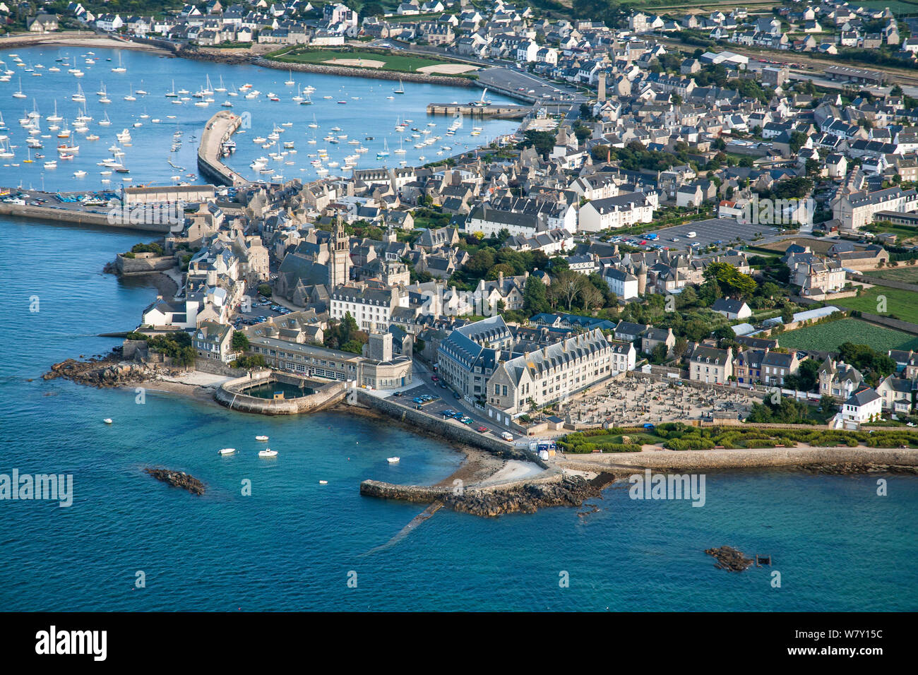 Aerial view of harbour and 'Station biologique de Roscoff' (Marine ...