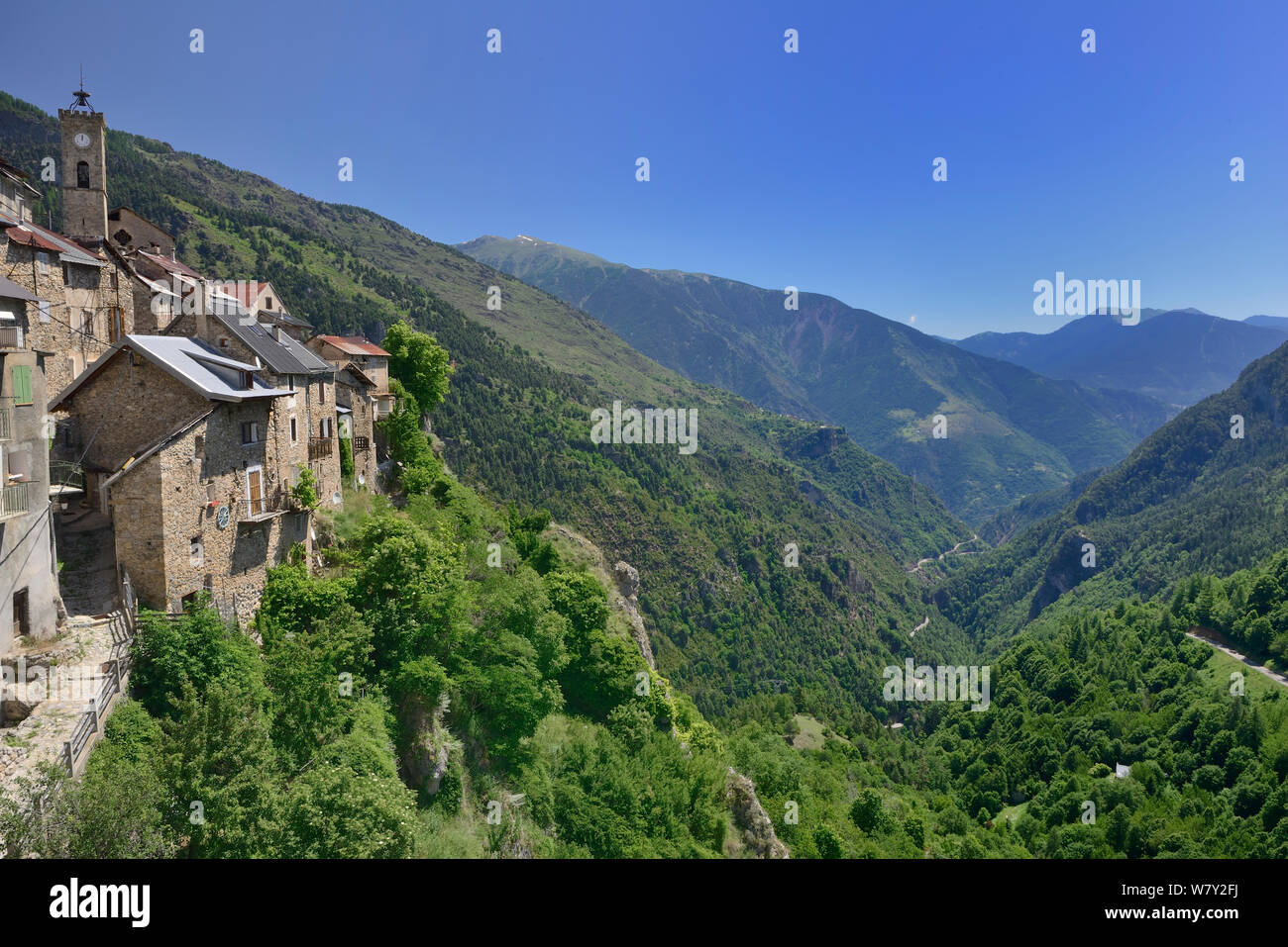 Medieval village of Roubion, and valley below, Mercantour National Park ...