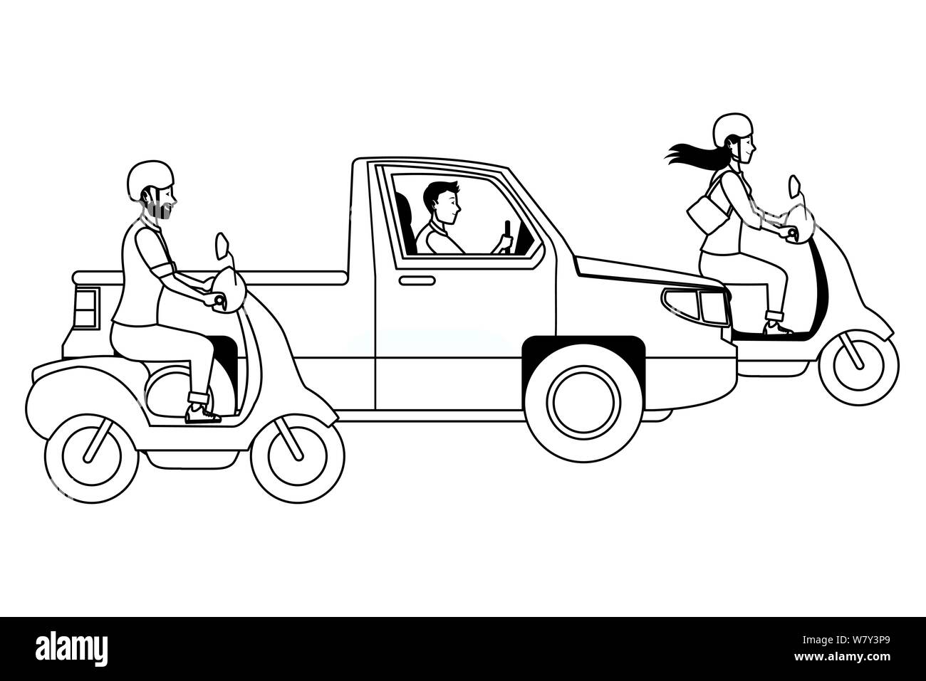 Vehicles and motorcycles with drivers riding in black and white Stock ...