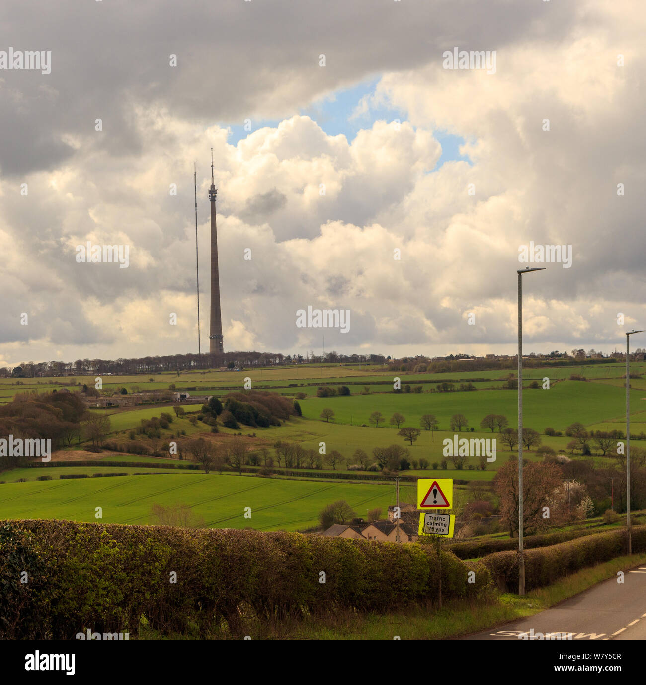 View of Emley Moor television transmission mast and its temporary tower ...