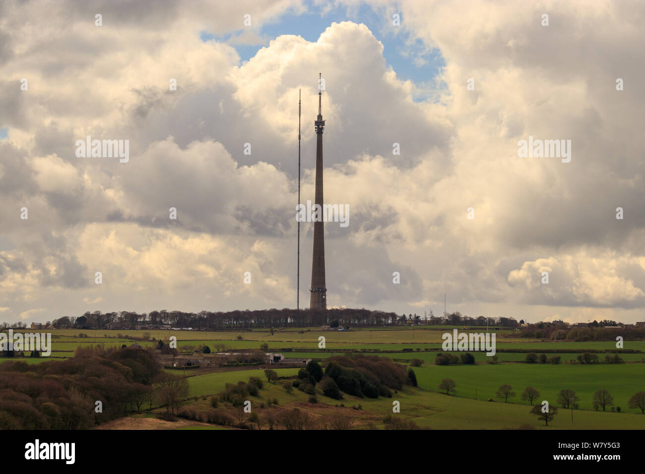 View of Emley Moor television transmission mast and its temporary tower ...