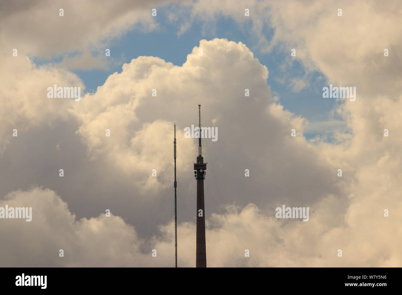 View of Emley Moor television transmission mast and its temporary tower ...