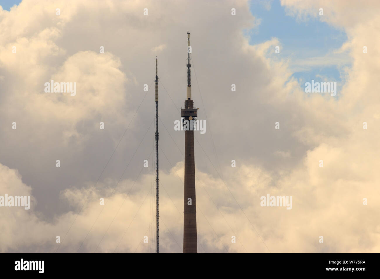 View of Emley Moor television transmission mast and its temporary tower ...
