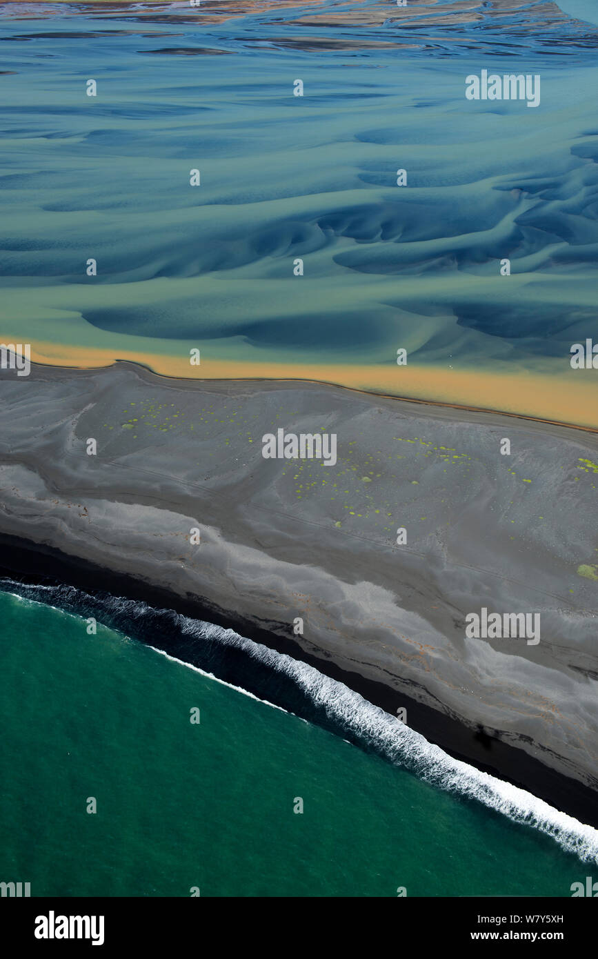 Aerial view of river delta and coast, South West Iceland, June 2014 ...