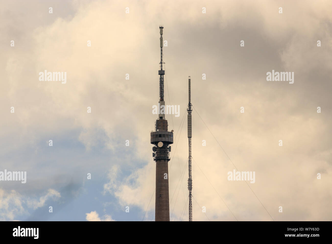 View of Emley Moor television transmission mast and its temporary tower ...