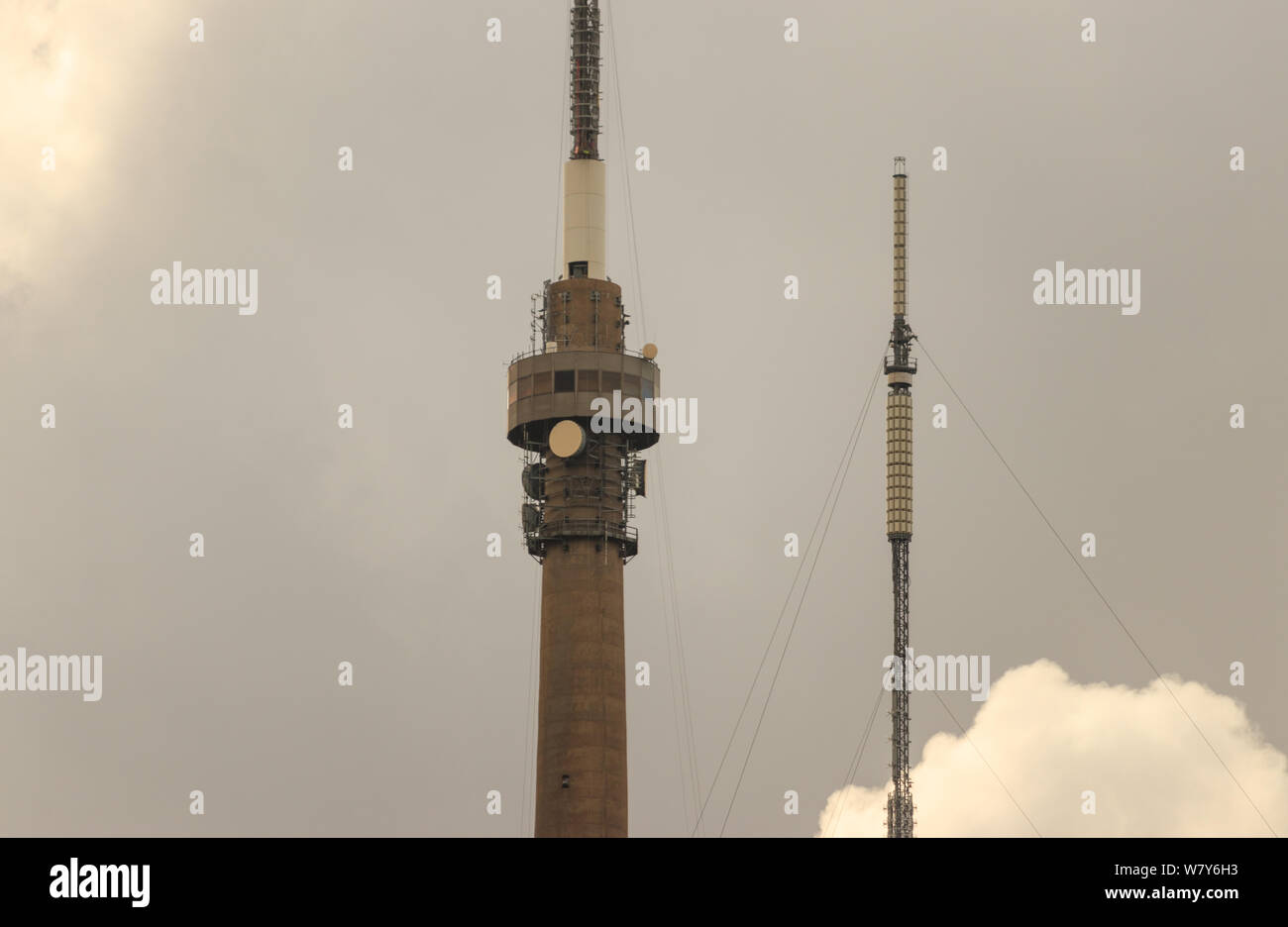 View of Emley Moor television transmission mast and its temporary tower ...