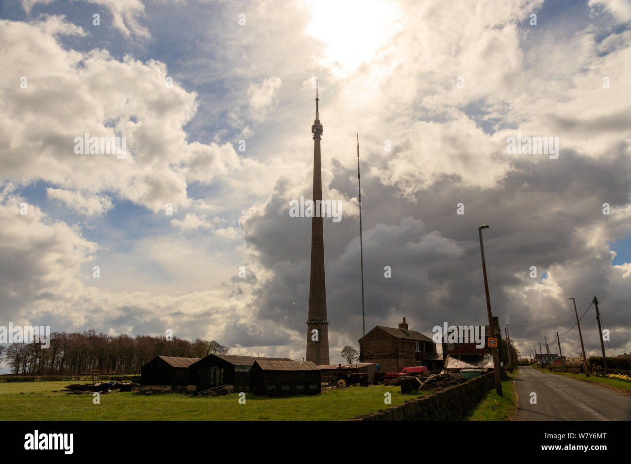 View of Emley Moor television transmission mast and its temporary tower ...