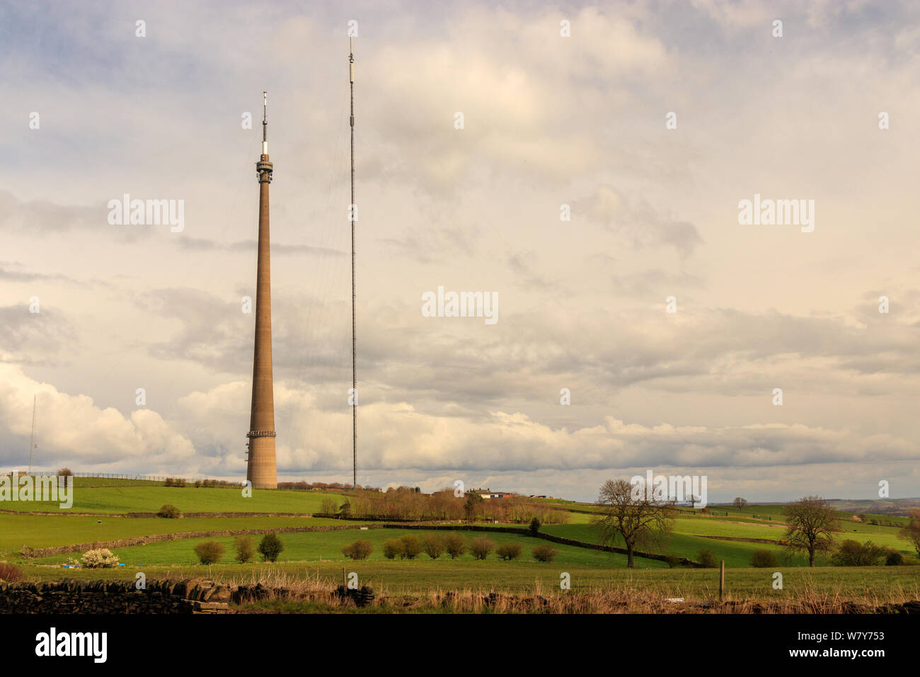 View of Emley Moor television transmission mast and its temporary tower ...