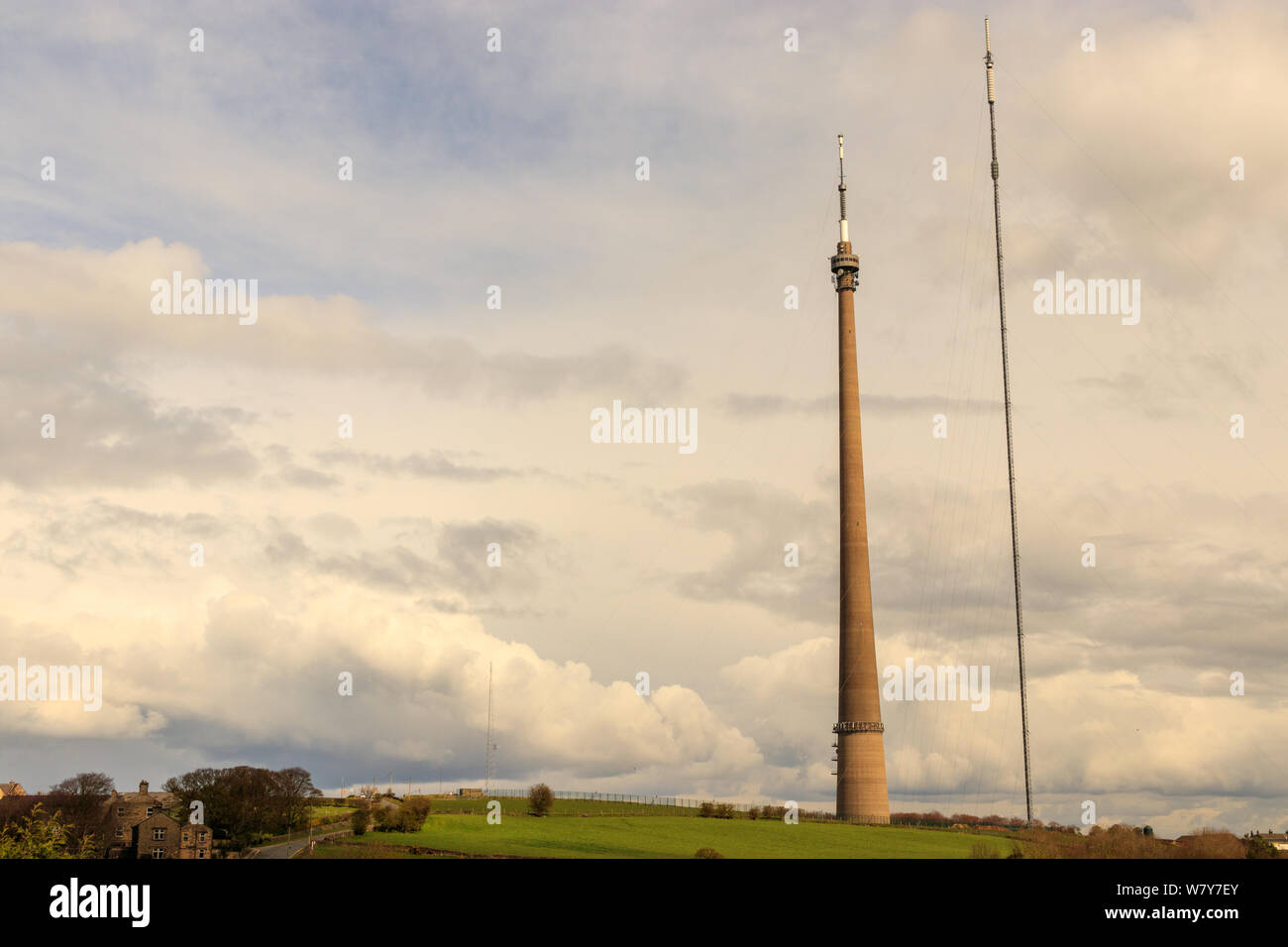 View of Emley Moor television transmission mast and its temporary tower ...