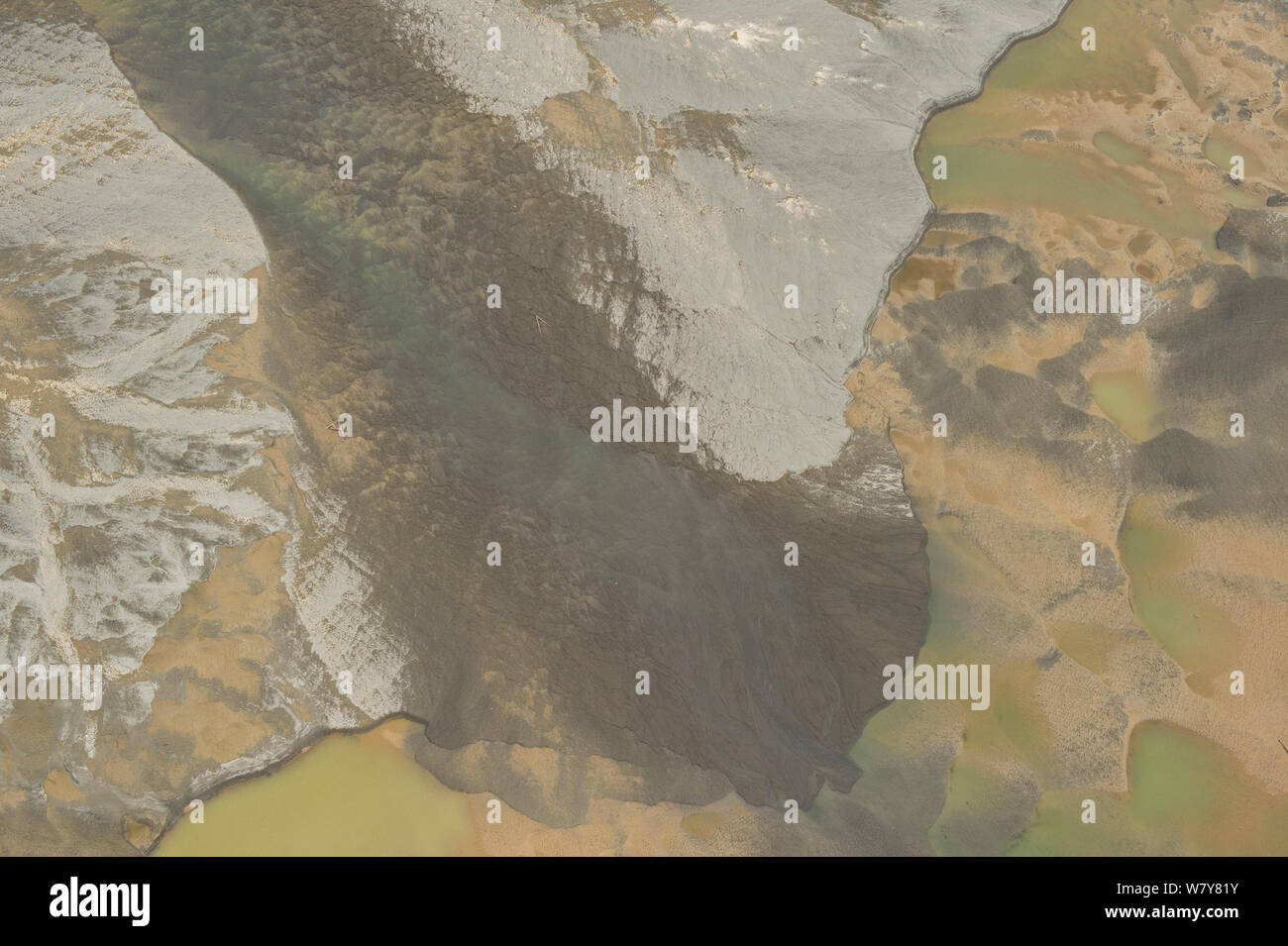 Aerial view of shifting sand bank in Napo River, Amazon Rainforest ...