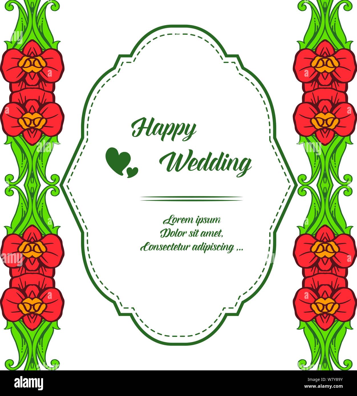Elegant floral frame, lettering of happy wedding, design template of ...
