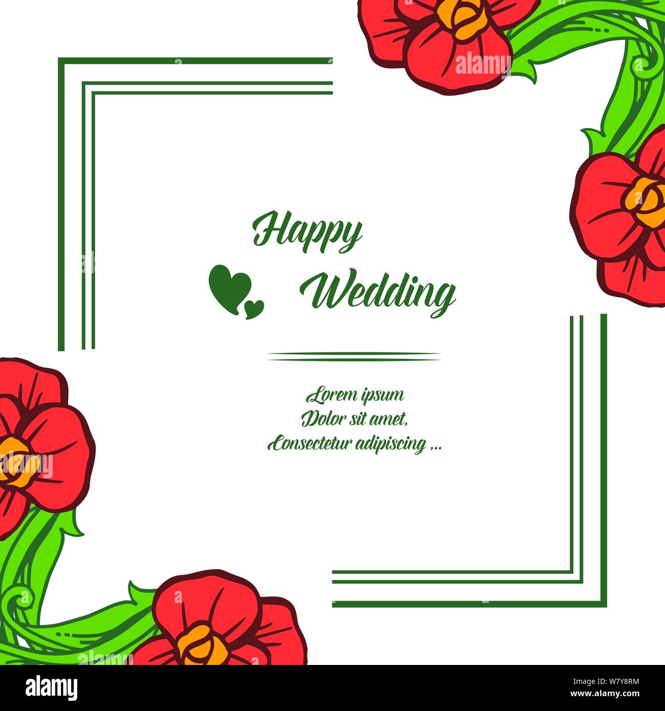 Elegant floral frame, lettering of happy wedding, design template of ...