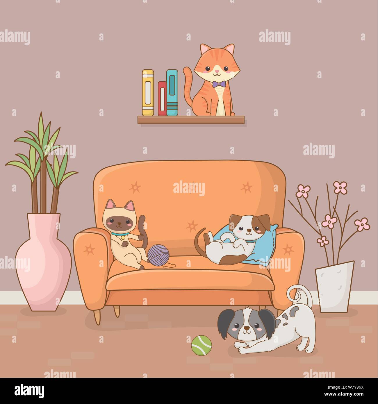 little dog and cat mascots in the house room vector illustration design ...