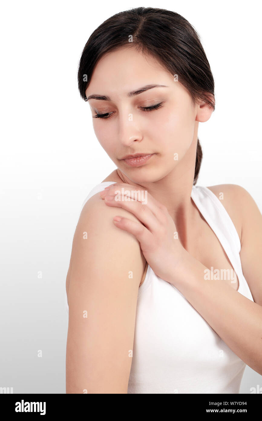 Pain In Neck. Portrait Of Beautiful Young Woman Suffering From Body ...