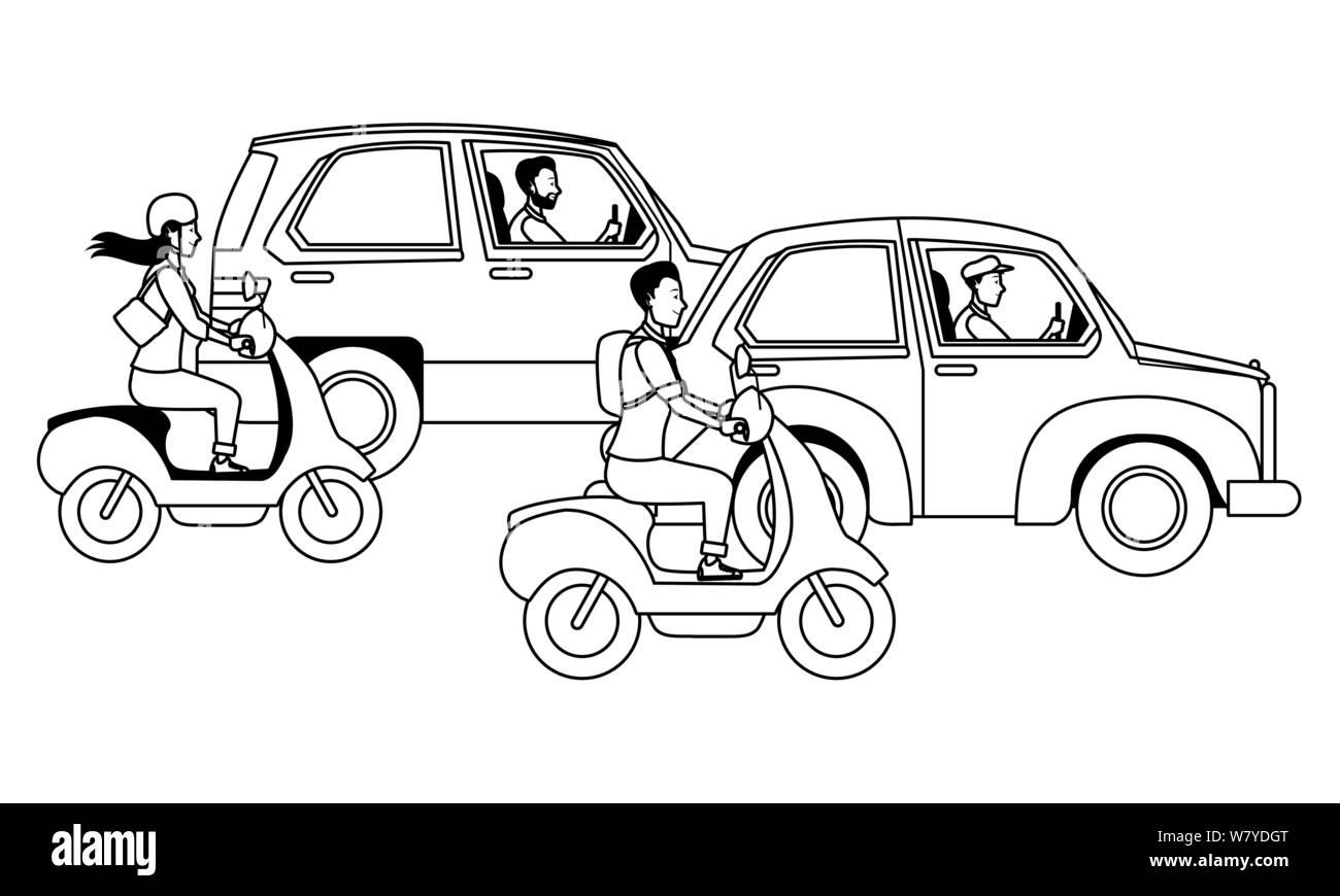 Vehicles and motorcycles with drivers riding in black and white Stock ...