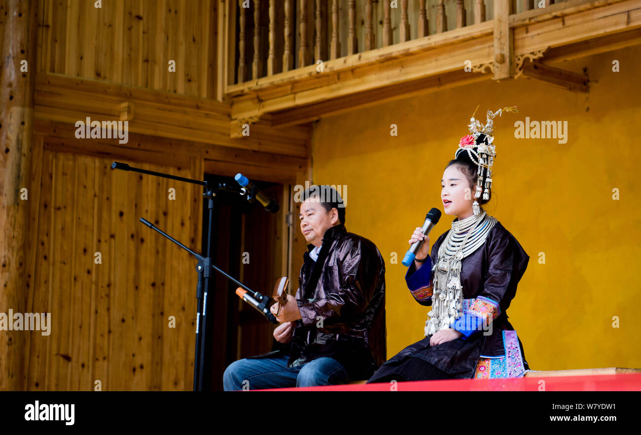 Chinese people of Dong ethnic group wearing traditional costumes ...