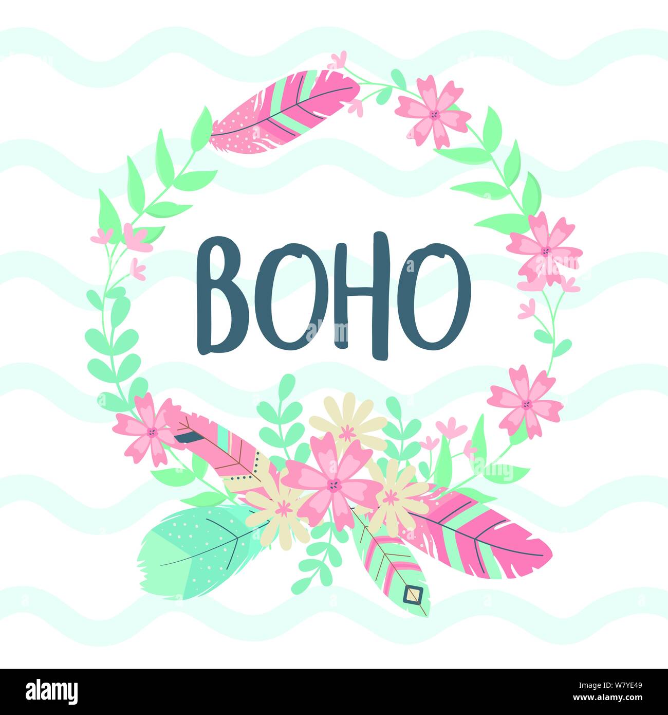 flowers and feathers crown decoration boho style vector illustration ...