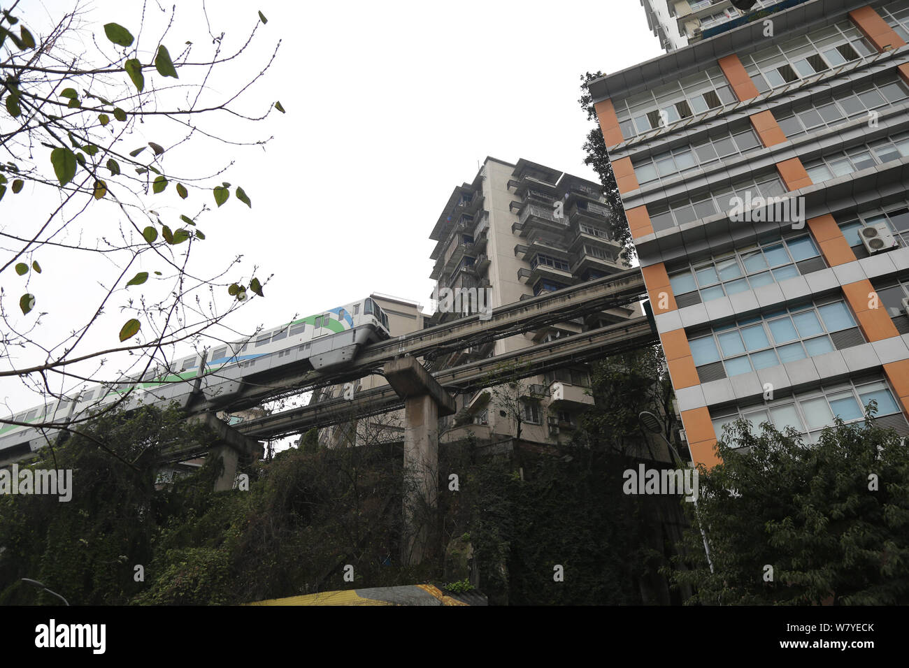 A subway train of Chongqing Light rail Line 2 arrives at the Liziba ...