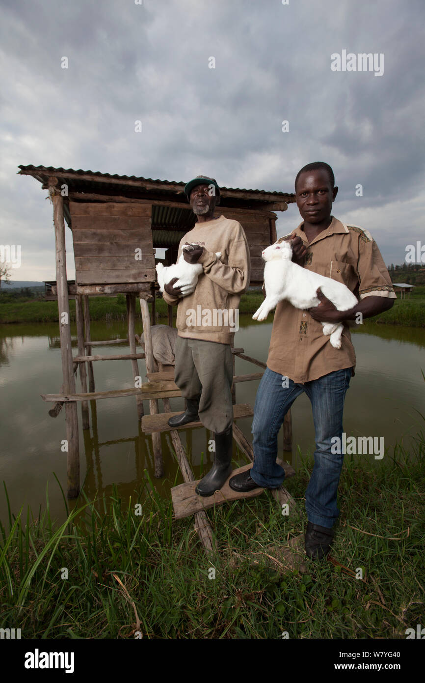 Rwandan farmers with rabbits, outside their hutches which sit over a ...